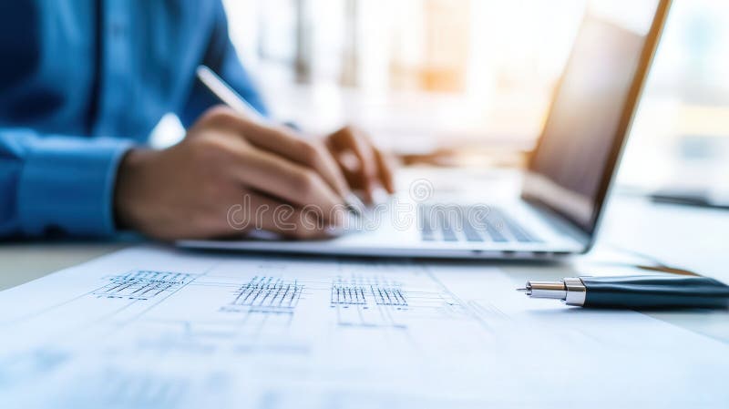 CAD Electrical Project on Laptop with Construction Plans Stock Photo ...