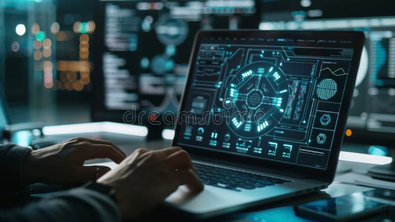 Close-up of a Laptop Displaying a Complex AI Model Diagram while Hands Type in a Tech-savvy ...