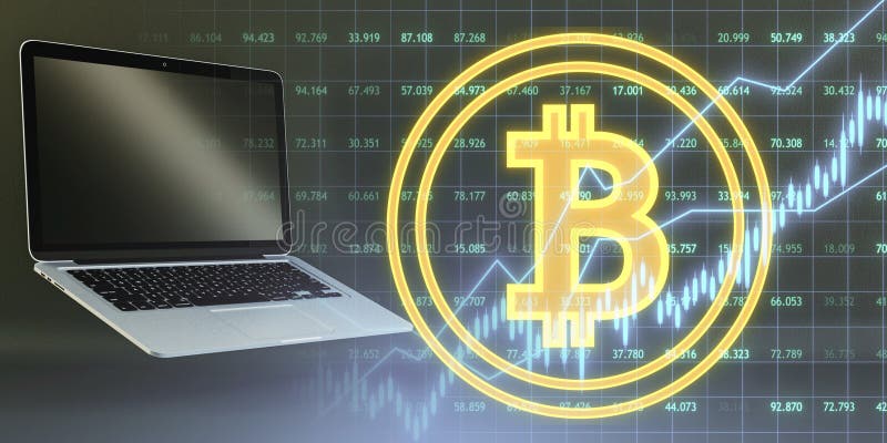 Close Up of Laptop with Empty Mock Up Screen and Creative Bitcoin ...