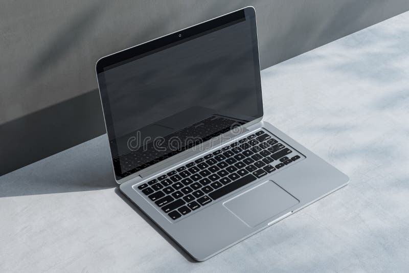Close Up of Laptop with Empty Screen and Reflections at Concrete ...