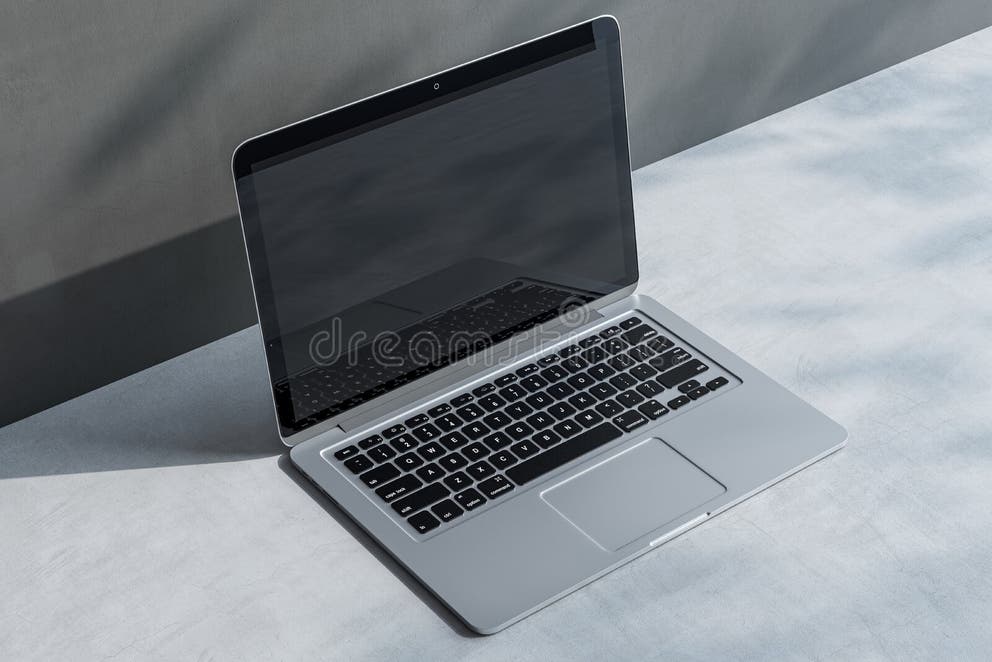 Close Up of Laptop with Empty Screen and Reflections at Concrete ...
