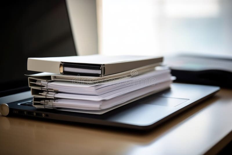 Close-up of Laptop with Files and Papers on Desk Stock Illustration ...