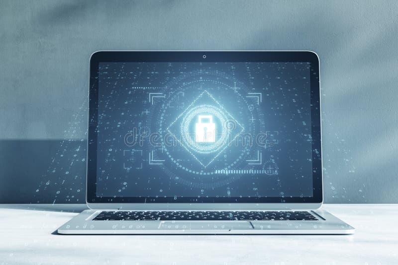 Close Up of Laptop with Glowing Padlock Interface on Concrete Wall ...