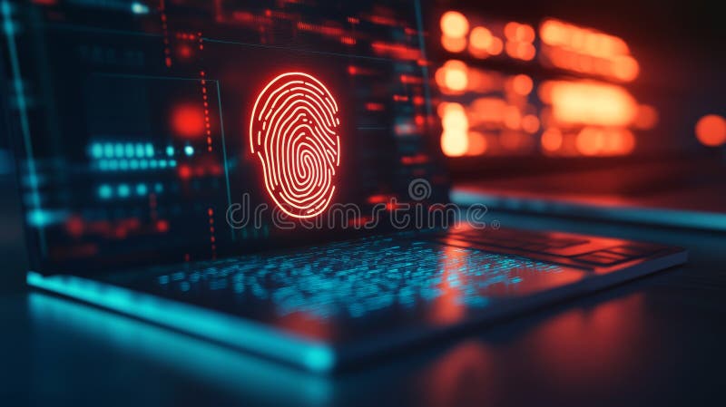 Close-up of a Laptop with a Glowing Red Fingerprint Icon, Representing ...