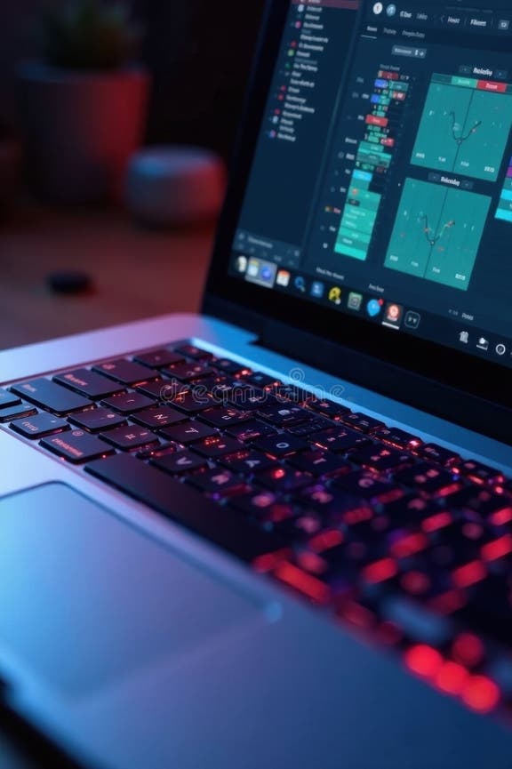 Close Up of Laptop Keyboard with Audio Software Interface, Waveforms ...