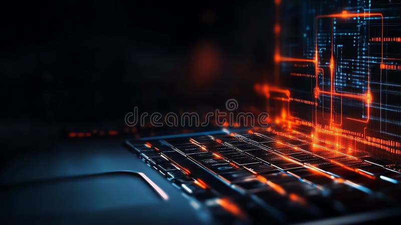 Close-up of a Laptop Keyboard with Digital Effects and Glowing Lines ...