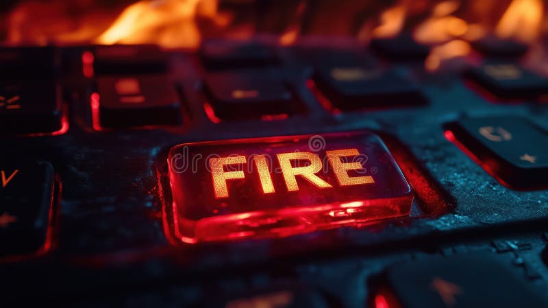 Close-up of a Laptop Keyboard Featuring a Red Button Marked FIRE with ...