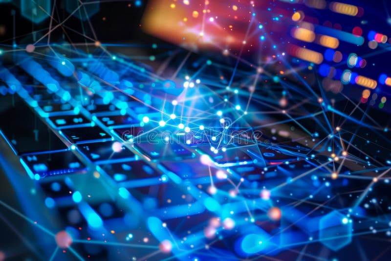Close-up of a Laptop Keyboard with Glowing Network Graphics ...