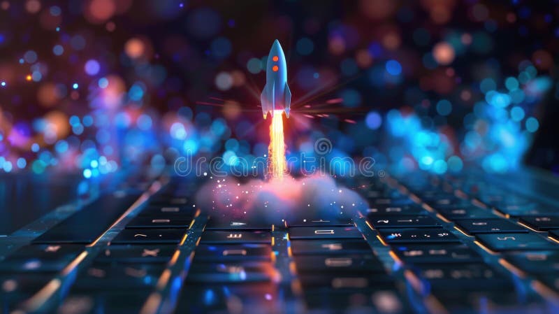 A Close Up of a Laptop Keyboard with a Rocket Coming Out of it Stock ...