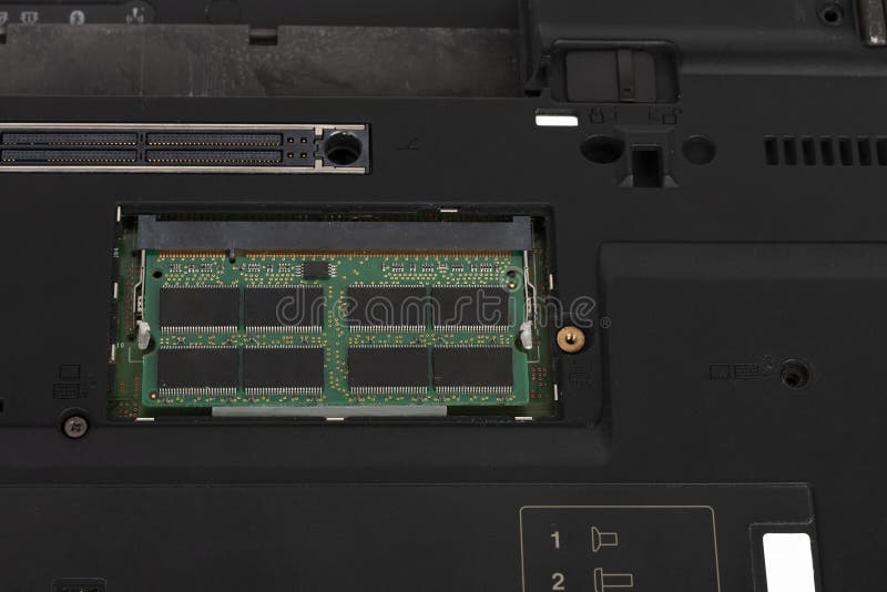 Close Up of Laptop Memory Module on Slot of Motherboard. Underside of ...