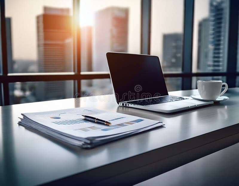 A Close-Up of a Laptop on a Clean Desk with Business Documents and a ...