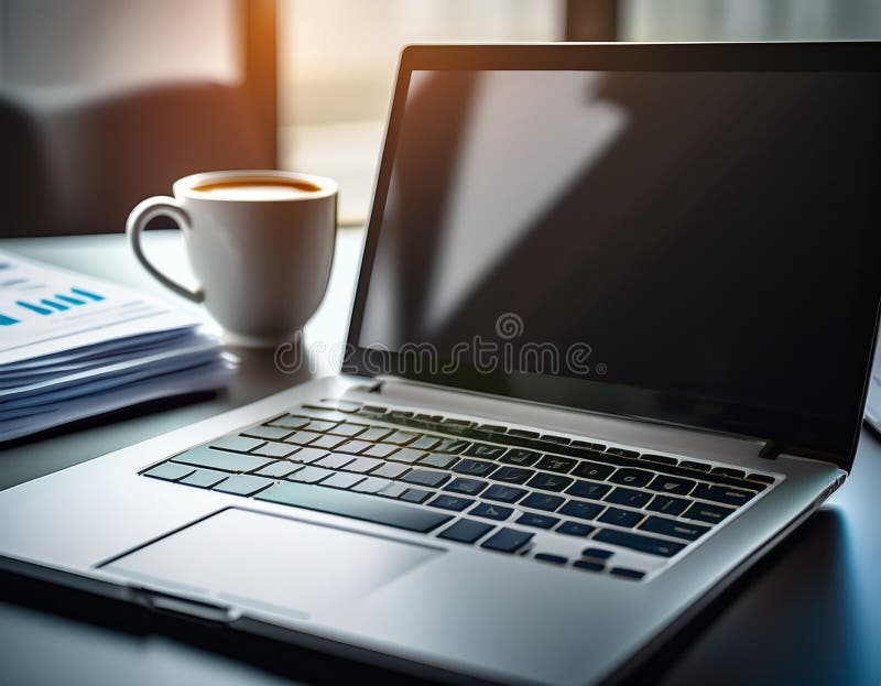 A Close-Up of a Laptop on a Clean Desk with Business Documents and a ...