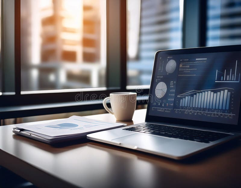 A Close-Up of a Laptop on a Clean Desk with Business Documents and a ...