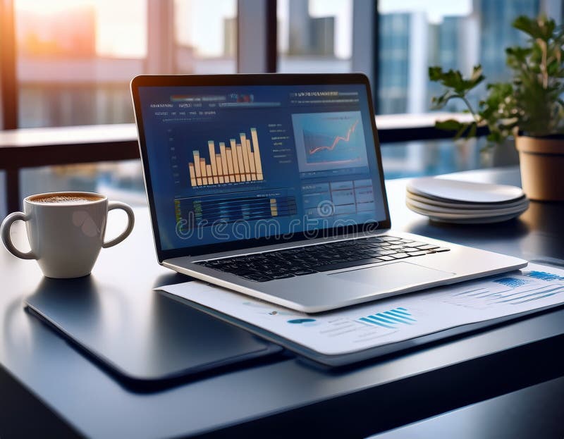 A Close-Up of a Laptop on a Clean Desk with Business Documents and a ...