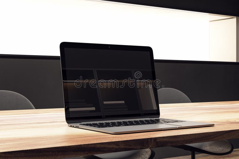 Close Up of Laptop Screen with Reflections on Wooden Office Desk ...