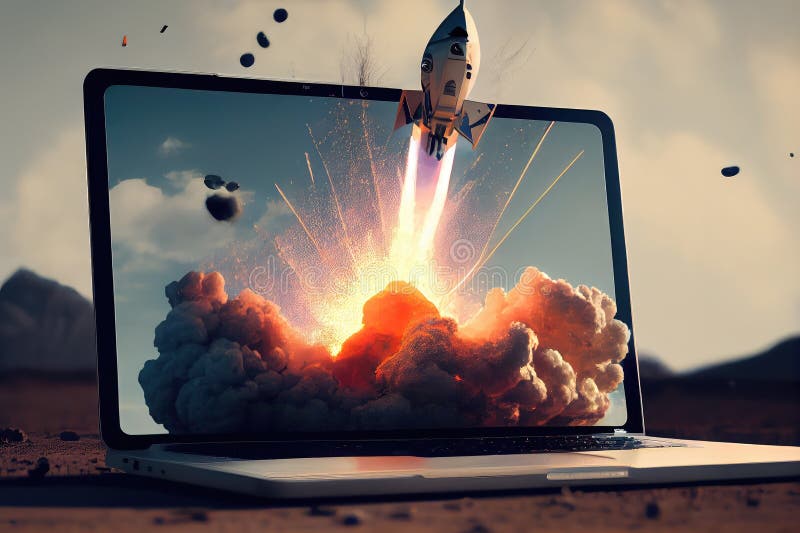 Close-up of Laptop Screen, with Rocket Blasting Off into the Sky Stock ...