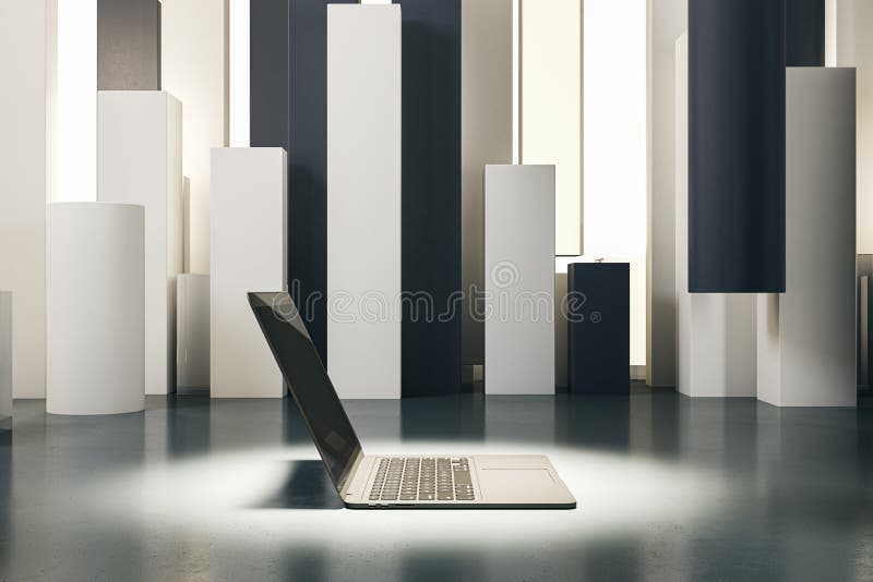 Close Up of Laptop in Spotlight Placed on Abstract Geometric Background ...