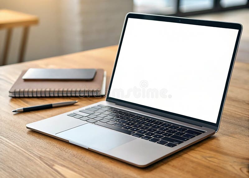 Close-up of Laptop Showing Blank White Display on Screen Over the Table ...