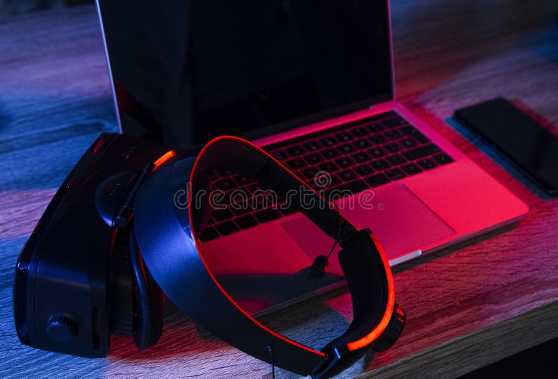 Close Up of Laptop and Virtual Reality Glasses on Office Table Stock ...