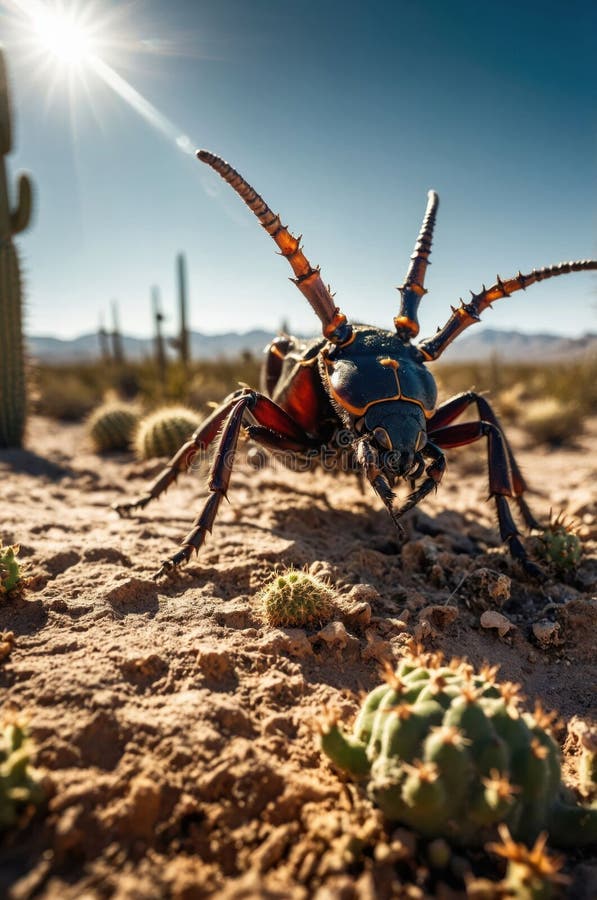 Majestic Desert Longhorn Beetle Crawling on Cactus Stock Illustration ...
