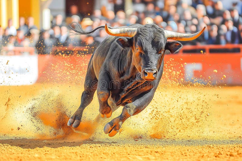 Close-up of a Large Black Bull Charging in a Bullfight Stock ...
