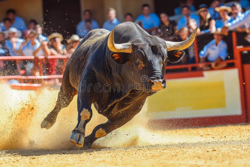 Close-up of a Large Black Bull Charging in a Bullfight Stock ...