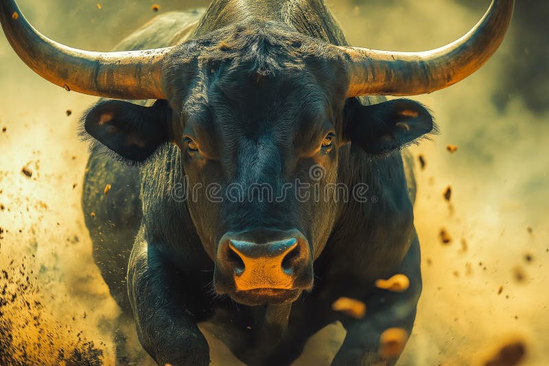 Close-up of a Large Black Bull Charging in a Bullfight Stock ...