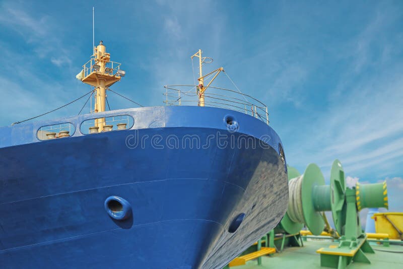 Close Up of Large Blue Merchant Crago Ship on Blue Sky. Stock Image ...