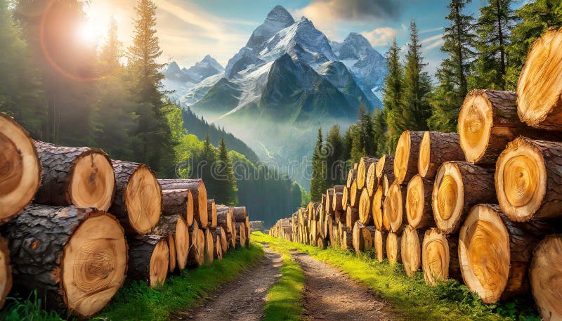 Stack of Pine Tree Trunks with a Green Forest on Background ...