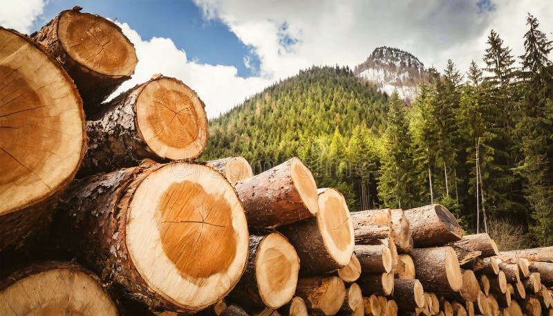 Stack of Pine Tree Trunks with a Green Forest on Background ...