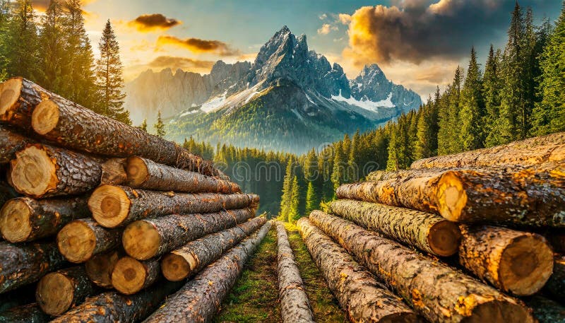 Stack of Pine Tree Trunks with a Green Forest on Background ...