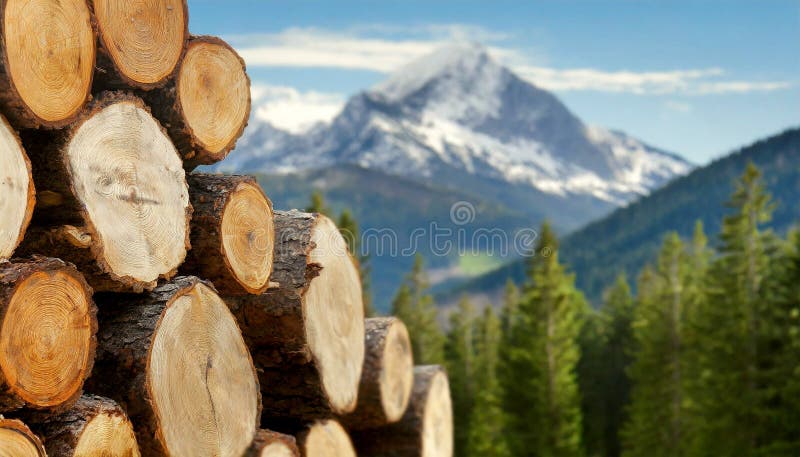 Stack of Pine Tree Trunks with a Green Forest on Background ...