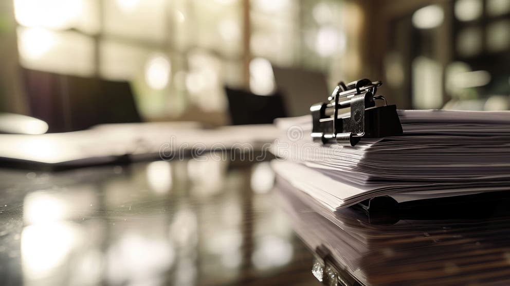 Close-up of a Large Stack of Paperwork with Binder Clips on a Wood Desk ...