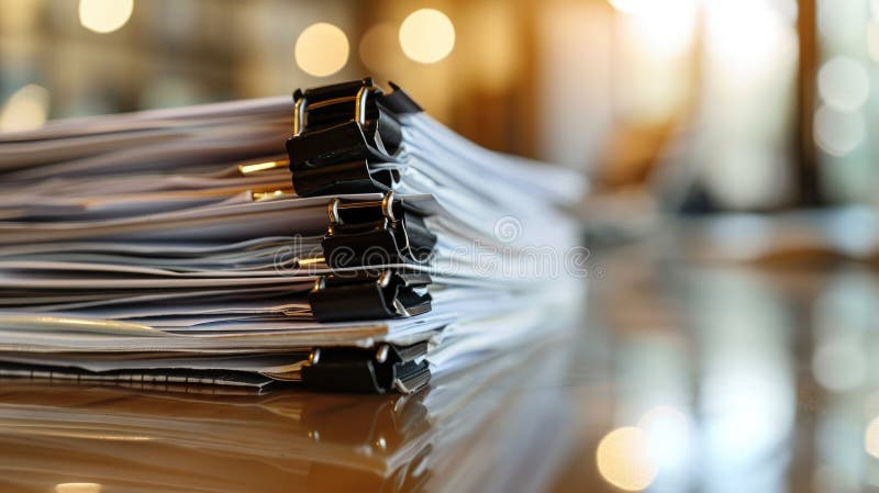 Close-up of a Large Stack of Paperwork with Binder Clips on a Wood Desk ...