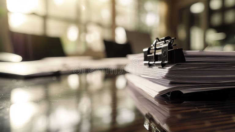 Close-up of a Large Stack of Paperwork with Binder Clips on a Wood Desk ...