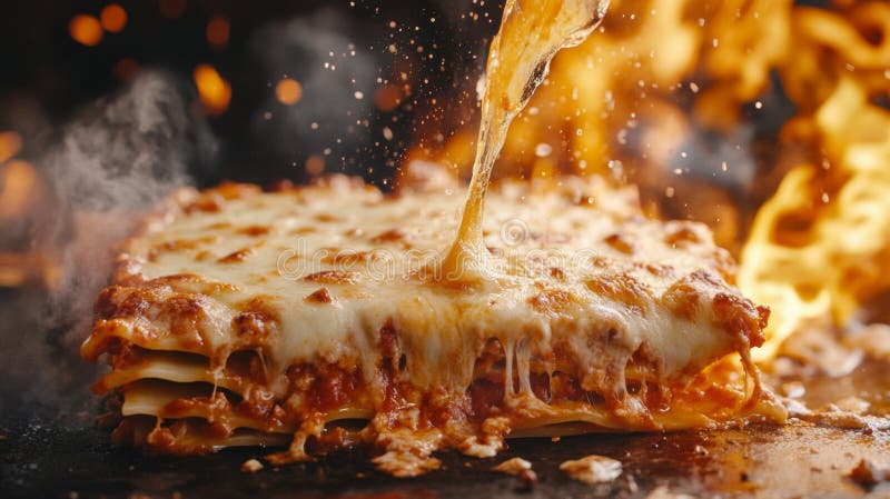 A Close-Up of Lasagna with Melted Cheese and a Drizzle of Sauce Stock ...