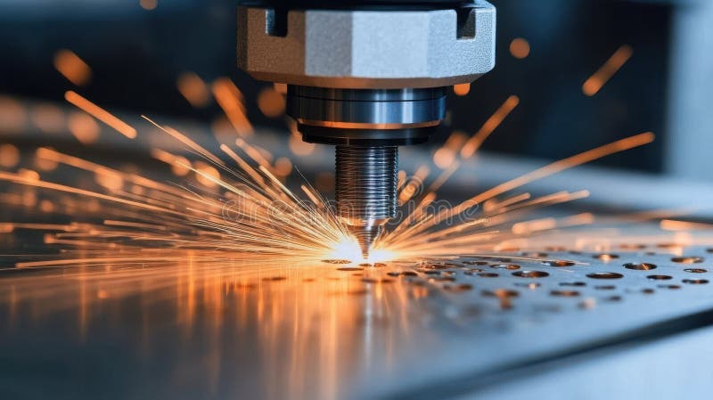Close-up of Laser Cutting Machine Working on Metal with Bright Sparks ...