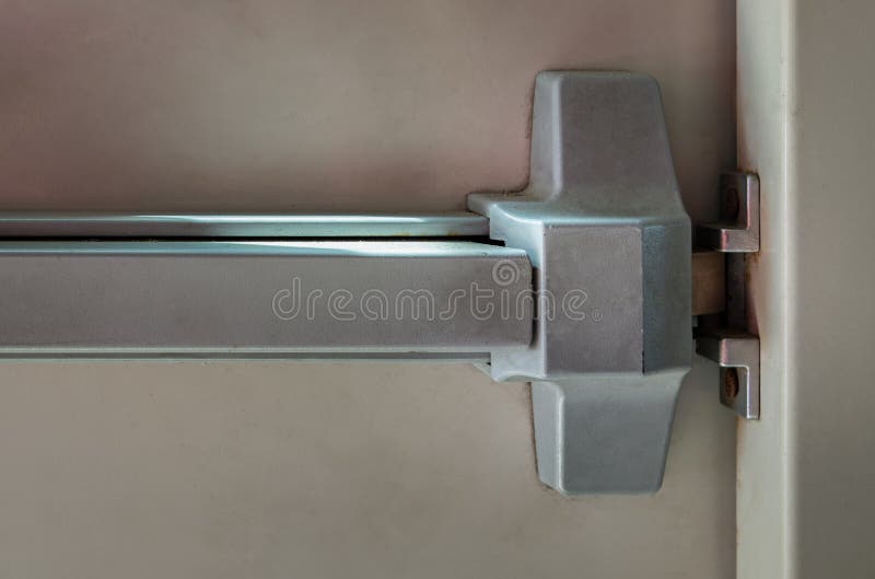 Close-up of Latch and Door Handle of Emergency Exit. Push Bar and Rail ...