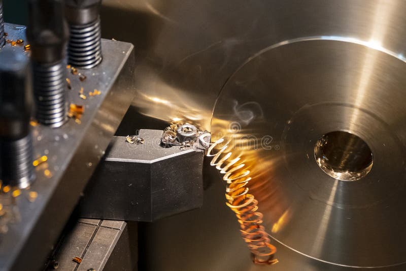 Close-up the Lathe Machine Finish Cutting the Brass Disk Parts by Lathe ...