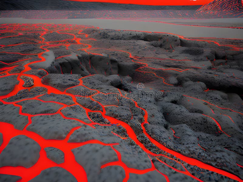 Close Up Lava Landscape with Volcano, Ai Generated Stock Illustration ...