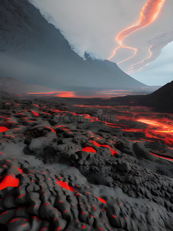 Close Up Lava Landscape with Volcano, Ai Generated Stock Illustration ...