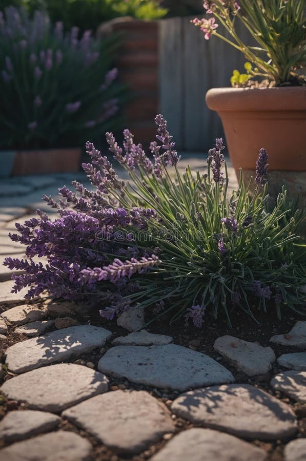 Beautiful Lavender Bush Blooming on Stone Pathway in the Garden Stock ...