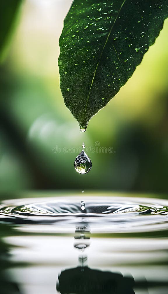 A Close-up of a Leaf Dripping Water, Creating Ripples on a Calm Surface ...