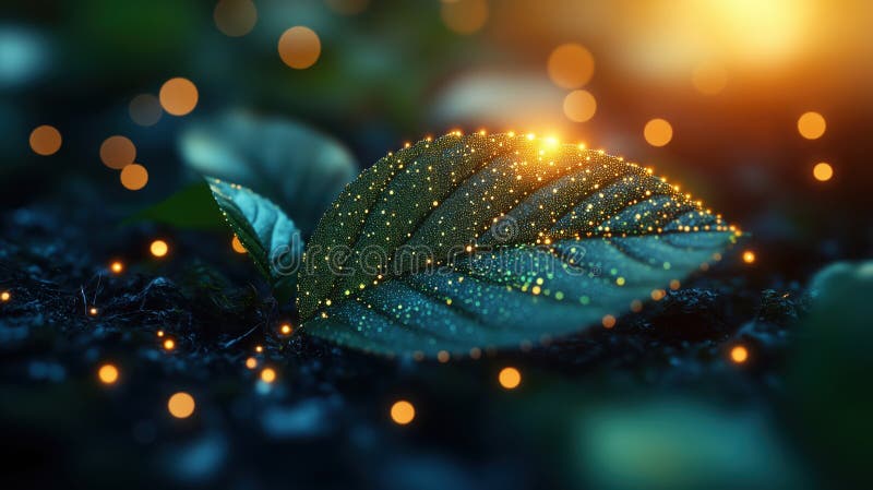 Close-up of a Leaf with Luminous Droplets Under a Warm, Glowing Light ...