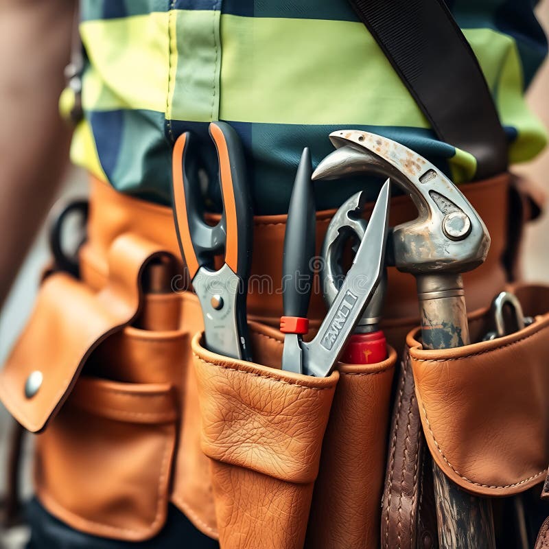 A Close Up of a Leather Tool Belt with Hand Tools Such As a Utility ...