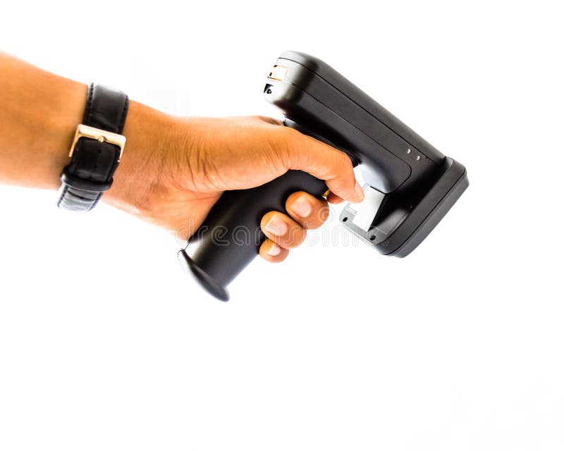 Close-up Left Male Hand Wears Watch Using RFID Scanner Isolated on ...