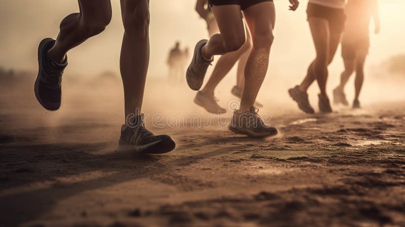 Close Up Legs Runner Group Running on Sunrise Seaside Trail. Stock ...
