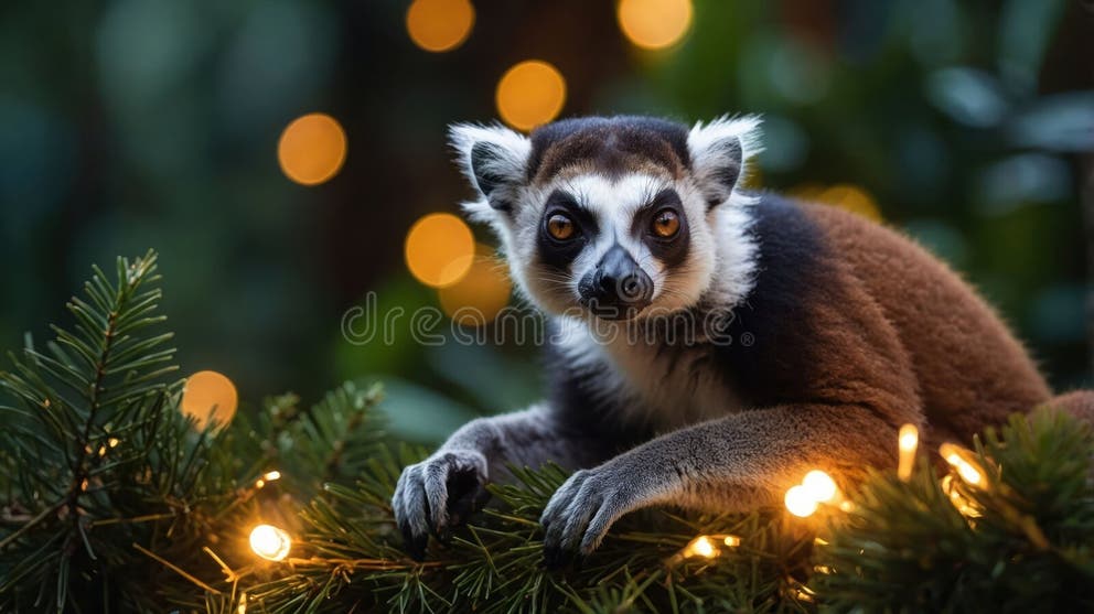 Adorable Ring-tailed Lemur on Christmas Tree with Festive Lights Stock ...