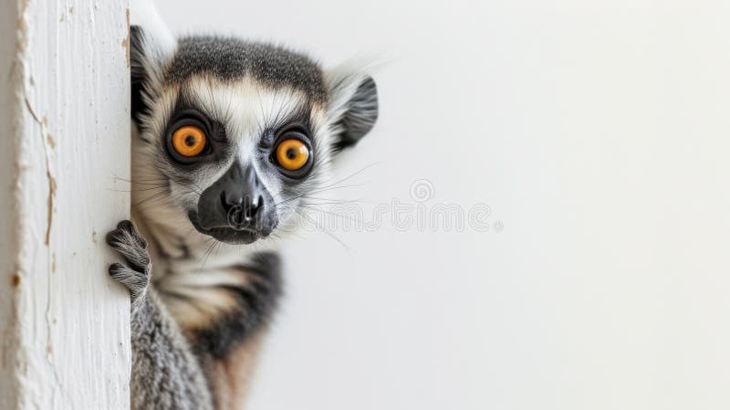 A Close Up of a Lemur with Yellow Eyes Peeking Out from Behind the Wall ...