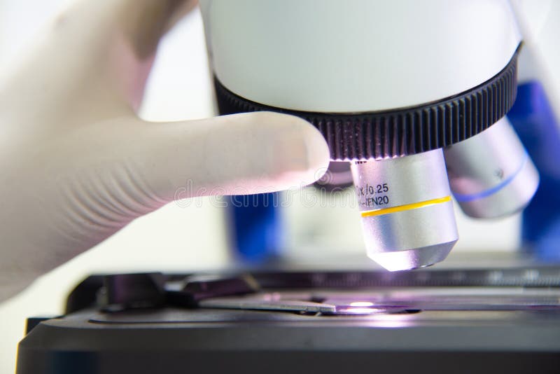 Close Up Lens Microscope in Laboratory Stock Photo - Image of education ...